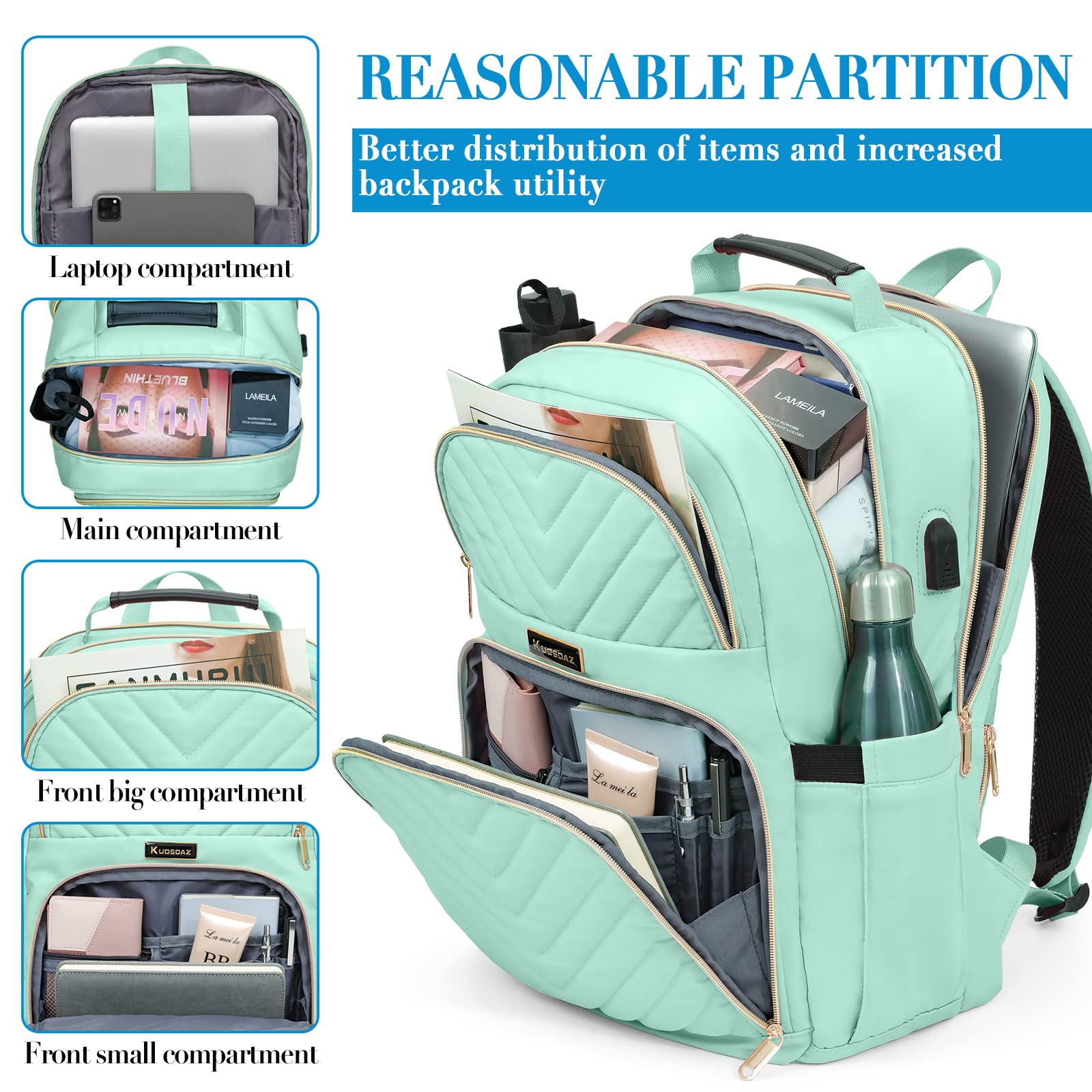 Kuosdaz Backpackf or Men Women, School Backpack for Boys Girls, 15.6 Inch Quilted Laptop Backpack with USB Charging Port, Large Bookbags for Teens, Teal