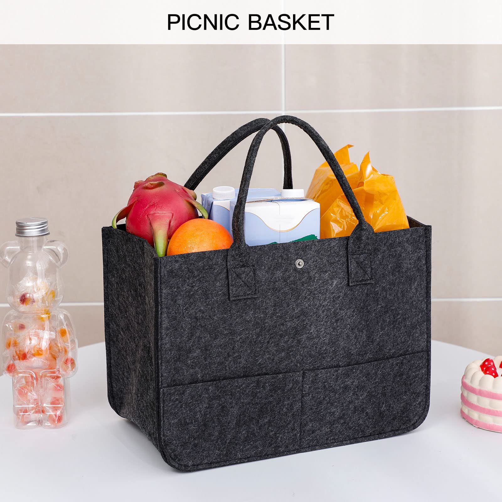 Yesesion 2 Pack Easter Basket Tote Bag for Kids, Portable Holiday Decoration Basket for Boys, Girls, Foldable Party Storage Caddy with Side Pockets for Candy (Large - Dark Gray)