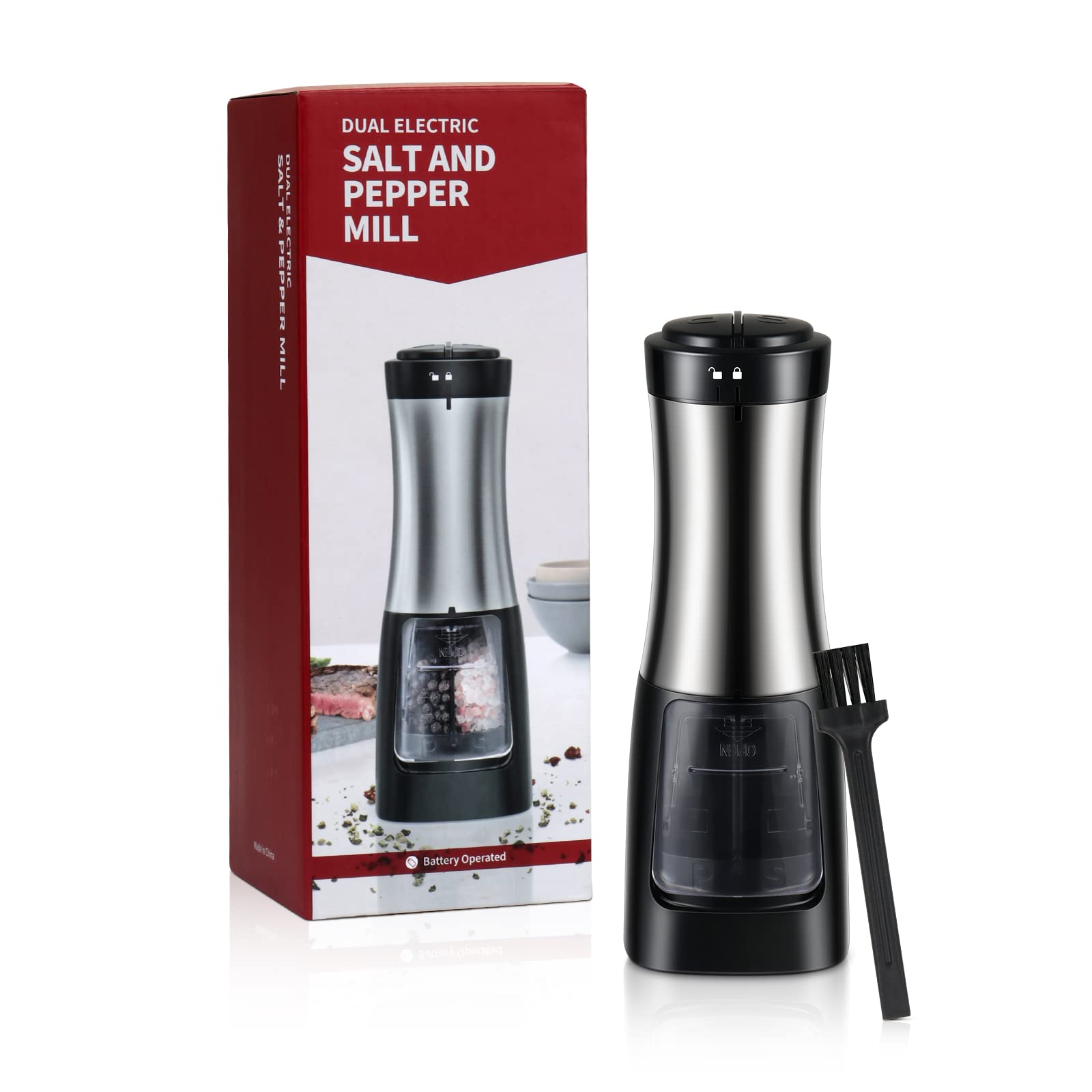 Pepper Grinder, 2 in 1 Salt Mill Grinder Battery-Operated with Adjustable Coarseness, Kitchen Automatic Pepper, Double Slot, One Hand Operated
