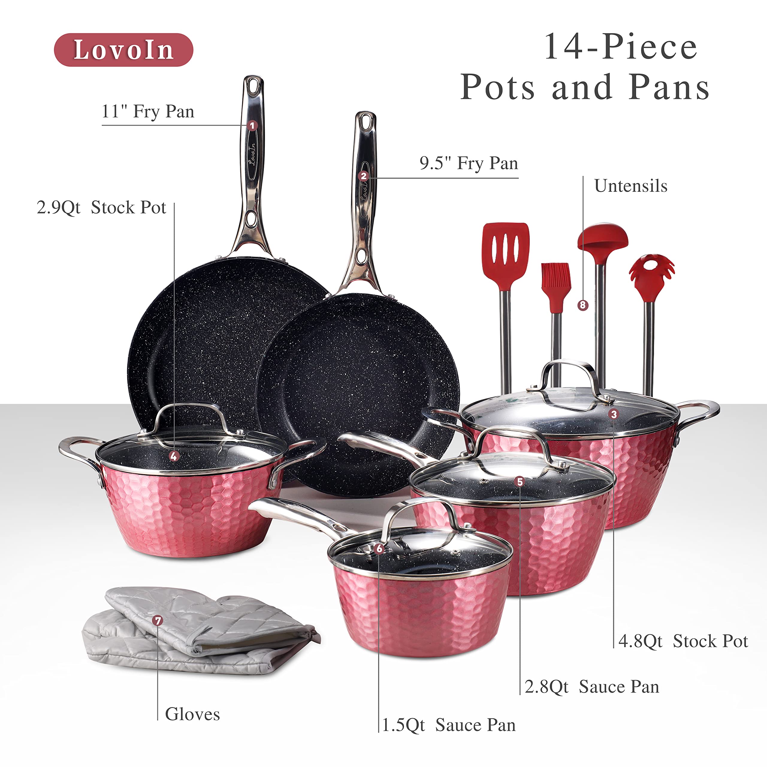 LovoIn Nonstick Cookware Set 16-Piece Hammered Kitchen Ware Pots & Pans Set Induction Cooking Pots Even Heating Pans, Oven/Stovetop Safe for Family Meals, Pink