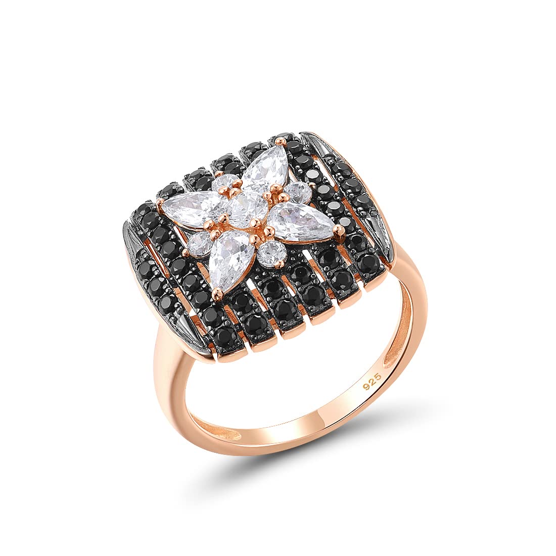 Santuzza 925 Sterling Silver Gemstone Flower Ring Black Spinel White Cubic Zirconia Cushion Ring for Women (7)