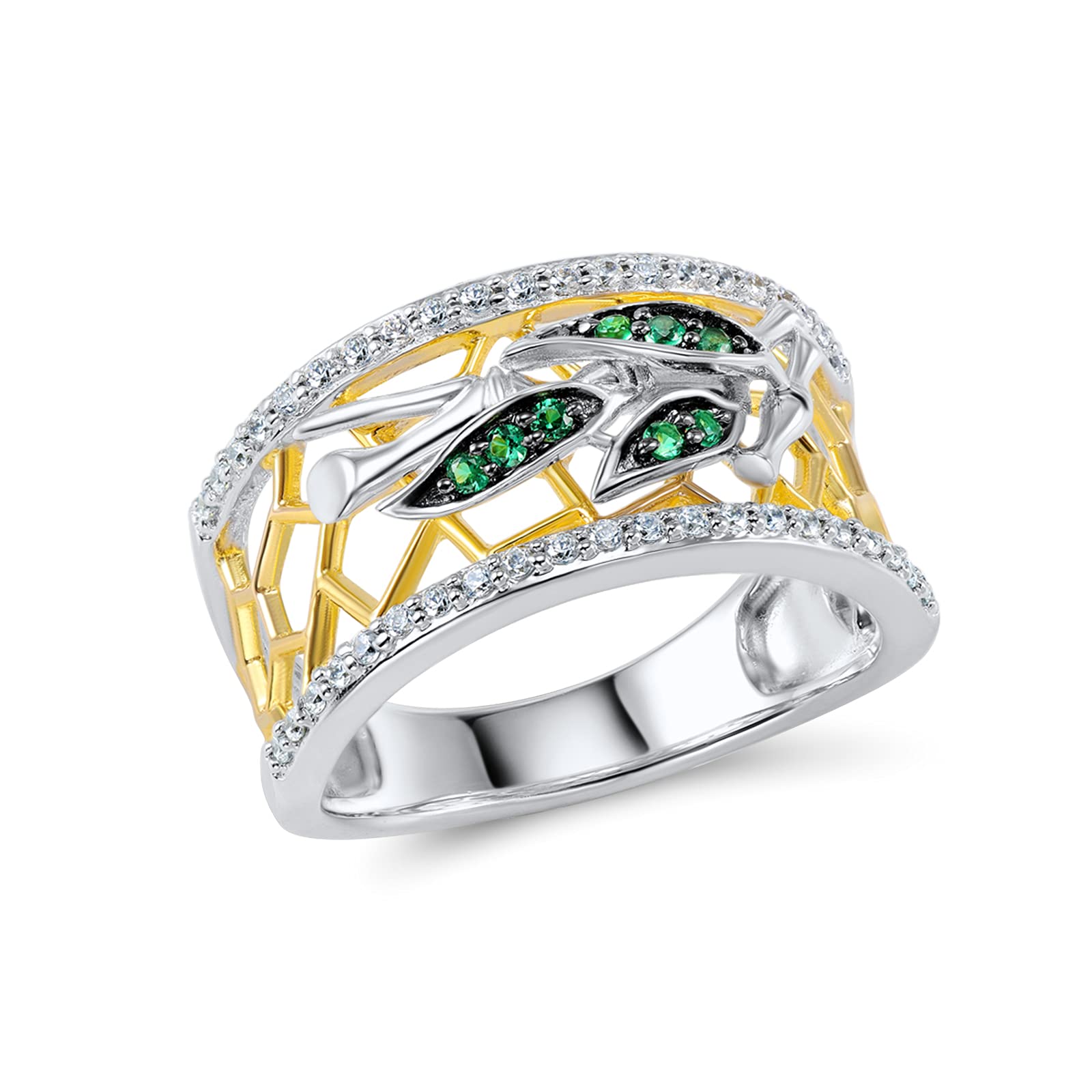 Santuzza Bamboo Leaves Gemstone Ring 925 Sterling Silver Green Spinel Cubic Zirconia Openwork Ring for Women (8)