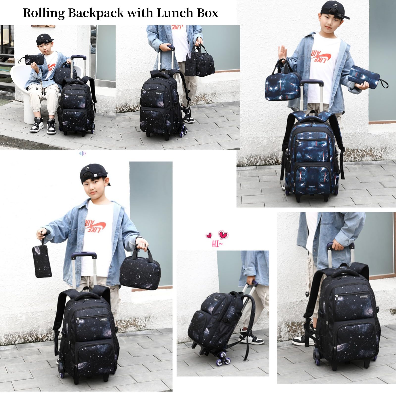 MITOWERMI Boys Rolling Backpacks Kids'Luggage Wheeled Bags Kids Trolley School Bags Space-Starry Sky Roller Bookbag with 6 Wheels