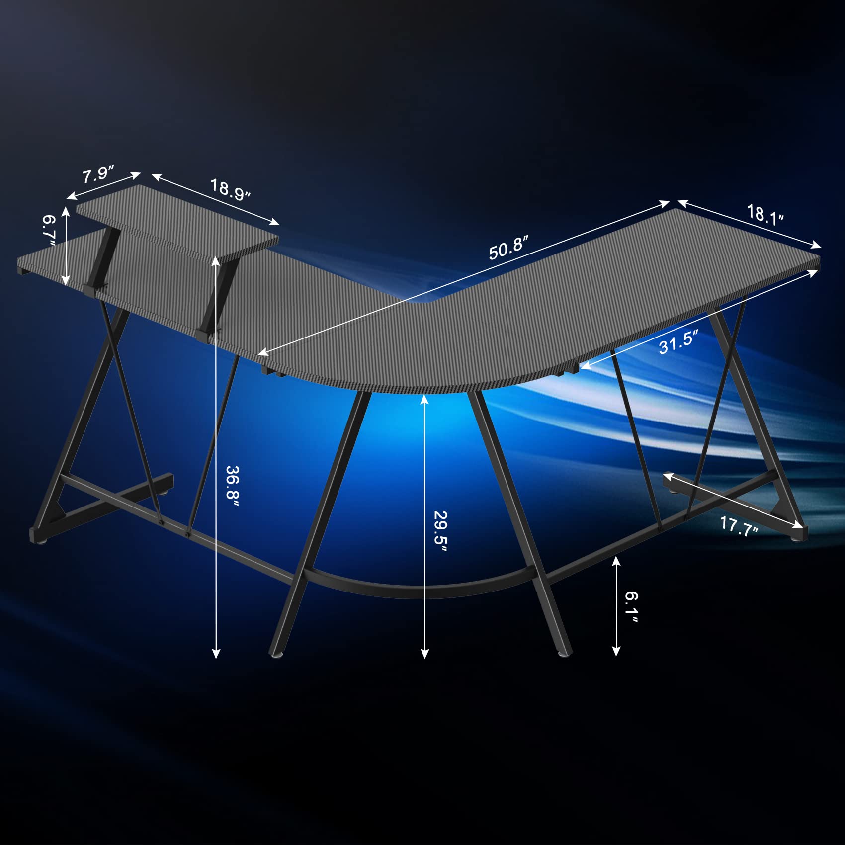 Mr IRONSTONE L Shaped Gaming Desk, 50.8'' Corner Computer Desk with Durable Carbon Fiber Surface, Home Office L Shaped Desk with Large Monitor Stand, Cup Holder & Headphone Hook