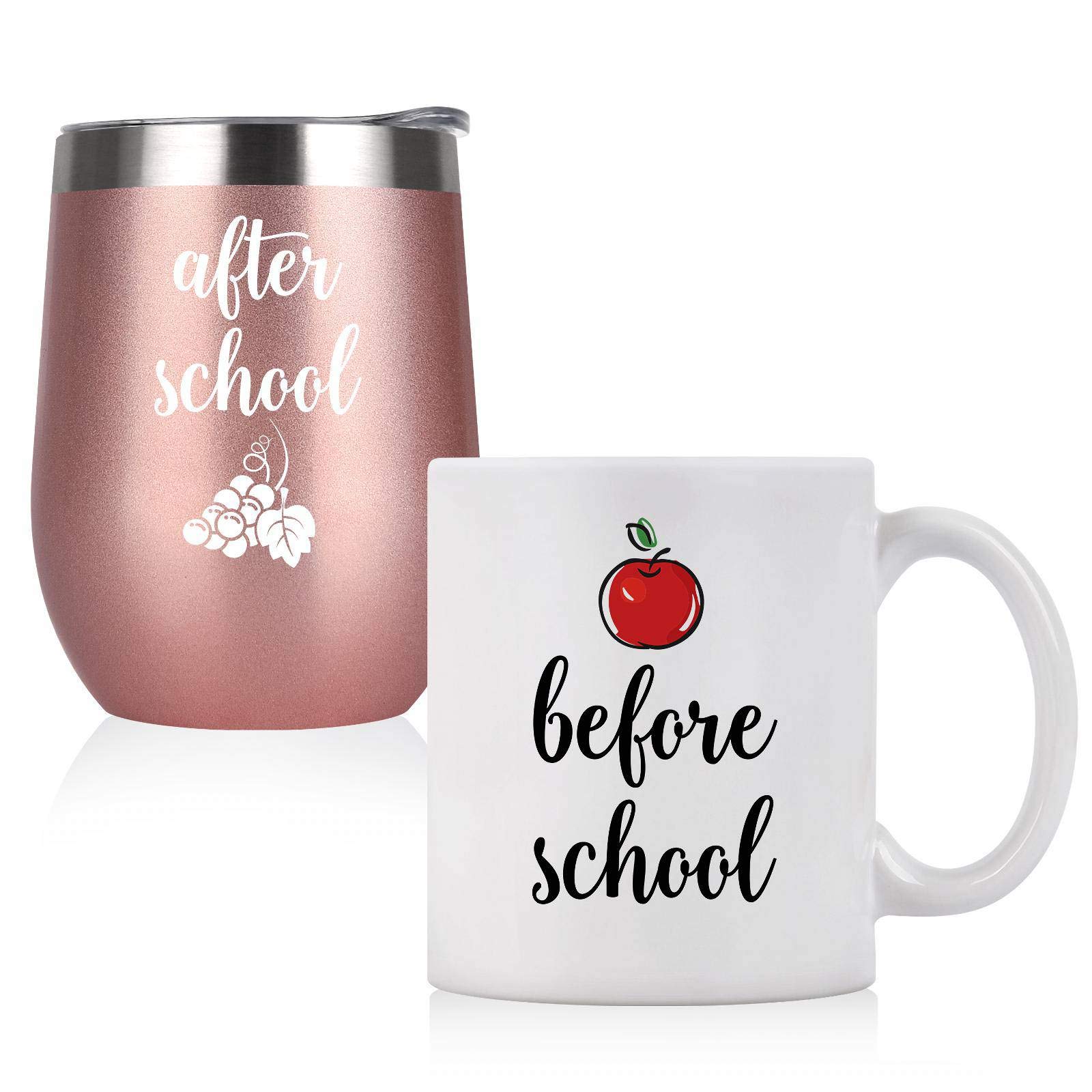 Qtencas Before School After School Teacher Coffee Mug and Wine Tumbler Set, Funny Idea for Teachers, Teacher Appreciation from Students, 12 Oz Insulated Stainless Steel Tumbler 11 Oz Coffee Mug