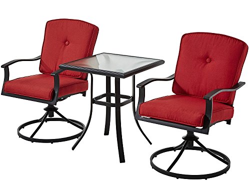Mainstay' Patio Bistro Set Seats 2 Cushioned Swivel Chairs Outdoor Small Space Deck Porch (Red) (Red)