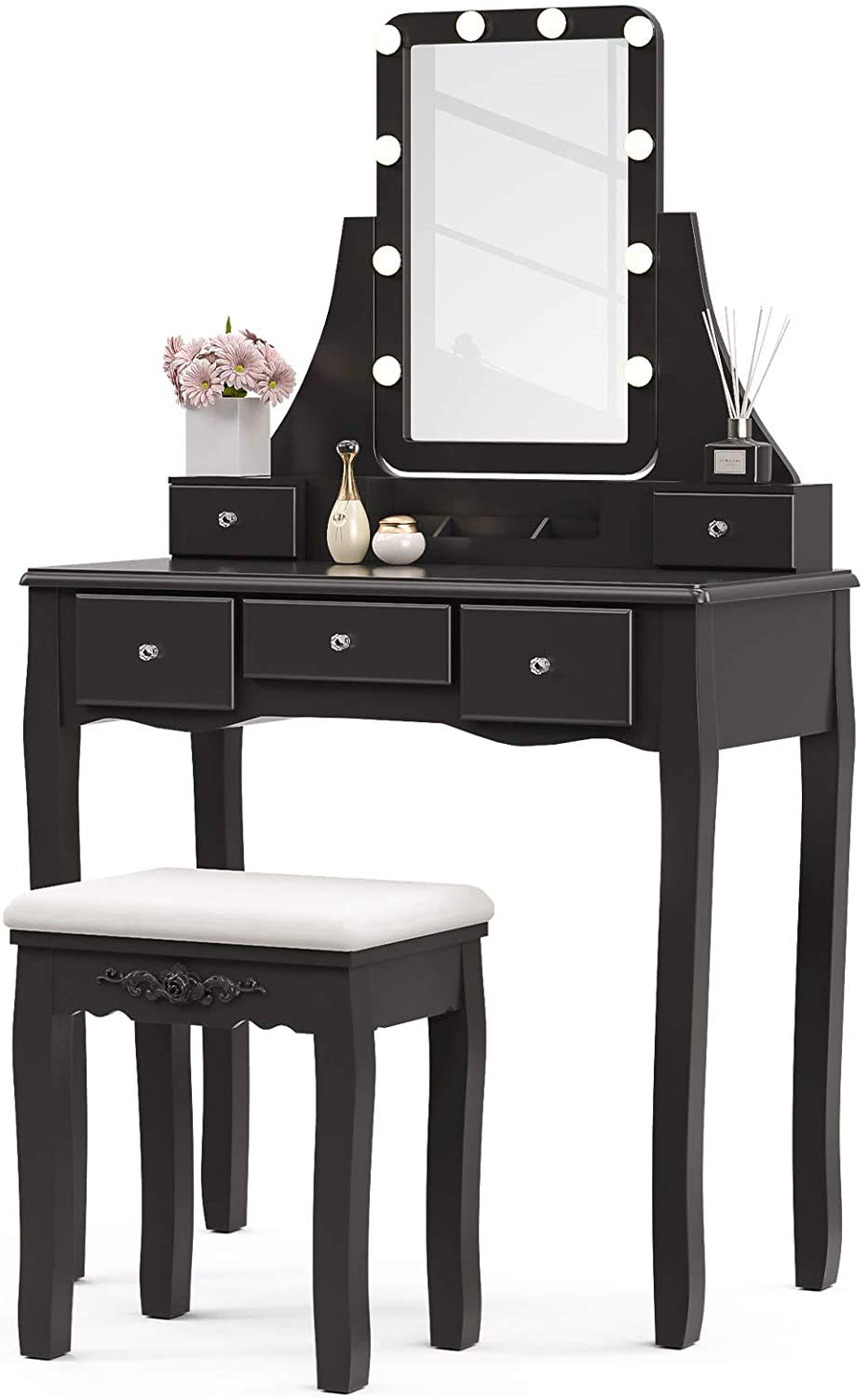 mecor LED Makeup Vanity, w/10 LED Lights Square Mirror,Dressing Table Cushioned Stool&5 Drawers,3 Removable Dividers Bedroom Makeup Table
