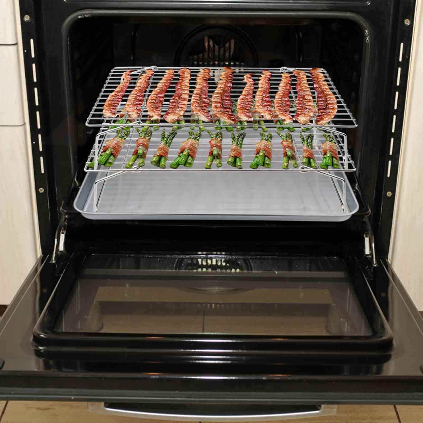 TeamFar Cooling Rack, 3 Tier 15’’ × 10’’ Oven/Dishwasher Safe Stainless Steel Baking Roasting Rack for Cookies Cake Pies Bread, Collapsible & Foldable, Healthy & Non Toxic