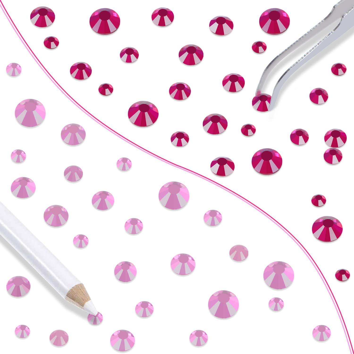 LPBeads 6400 Pieces Pink and Fuchsia Hotfix Rhinestones Flat Back 5 Mixed Sizes Crystal Round Glass Gems with Tweezers and Picking Rhinestones Pen