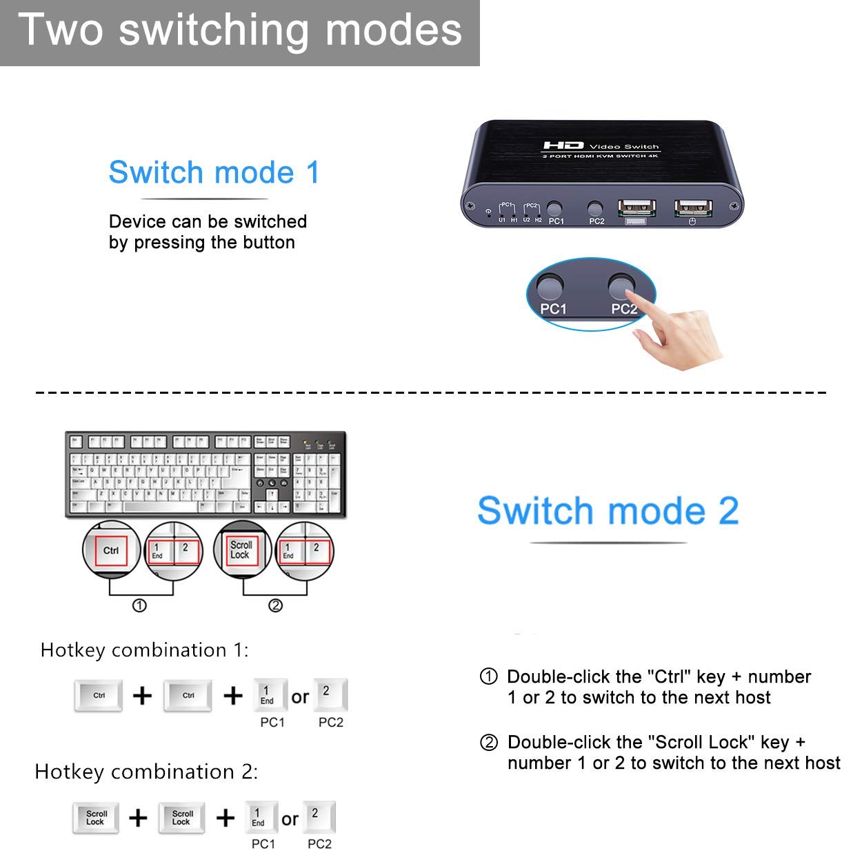 KVM Switch HDMI 2 Port Box, KCEVE USB KVM Switches for 2 Computers Share Keyboard Mouse and one HD Monitor, Support Hotkey Switching, UHD 4K(3840x2160)