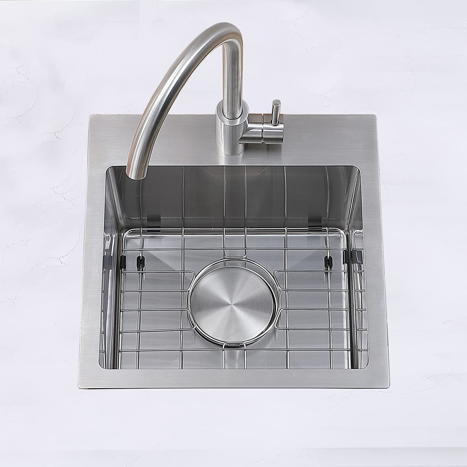 VAPSINT 15x15 inch 304 Stainless Steel Drop in Wet Bar Sink,Single Bowl Topmount Prep Rv Small Kitchen Sink with Grid and Drain