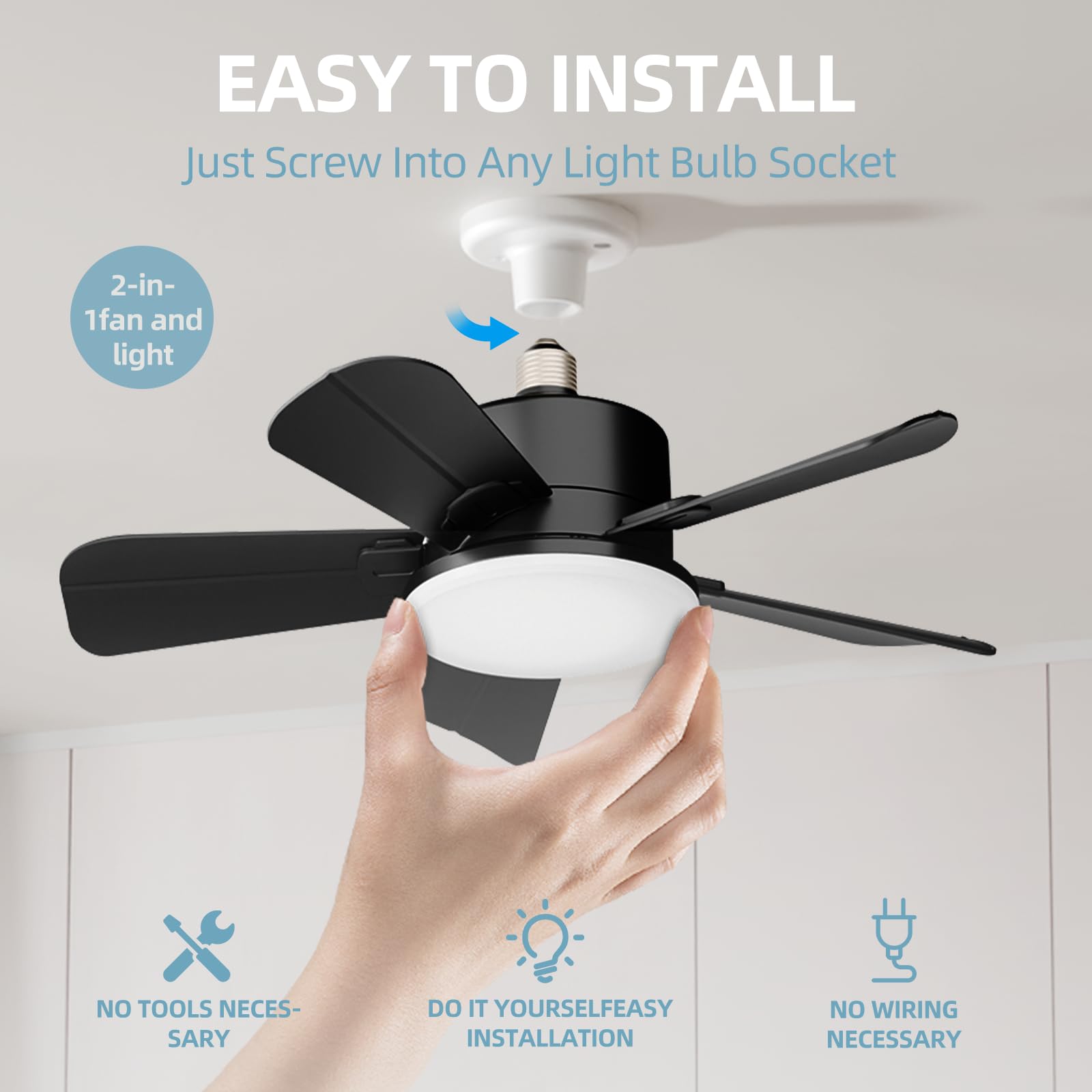 Minmup 17" Socket Fan Light with Remote and 2 Socket Extenders, Wireless Screw in Ceiling Fans with Dimmable Lights, Up to 1200LM/6500K Light Bulb Fan for Garage Tool Room (Green)