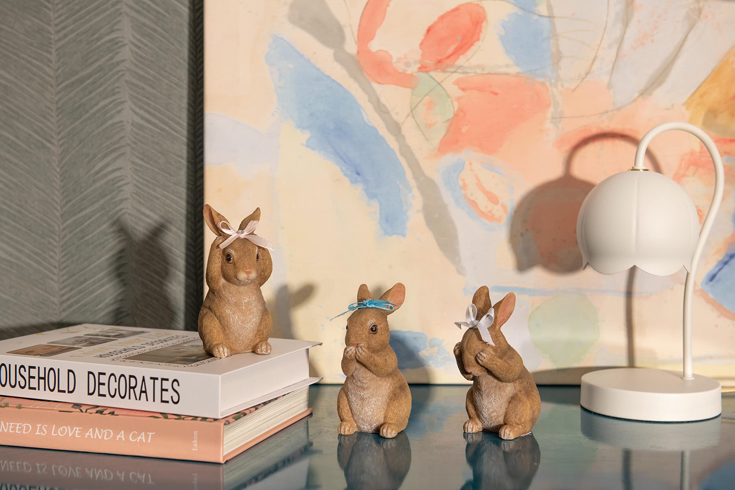 Newman House Studio Bunny Decor Home Rabbit Statue - Easter Decorations Hear See Speak No Evil Bunny Figurines 3pc Brown Ears with Bows Desk Table Shelf Decor Accents for Home 3 x 2.25 x 4.5 Inch