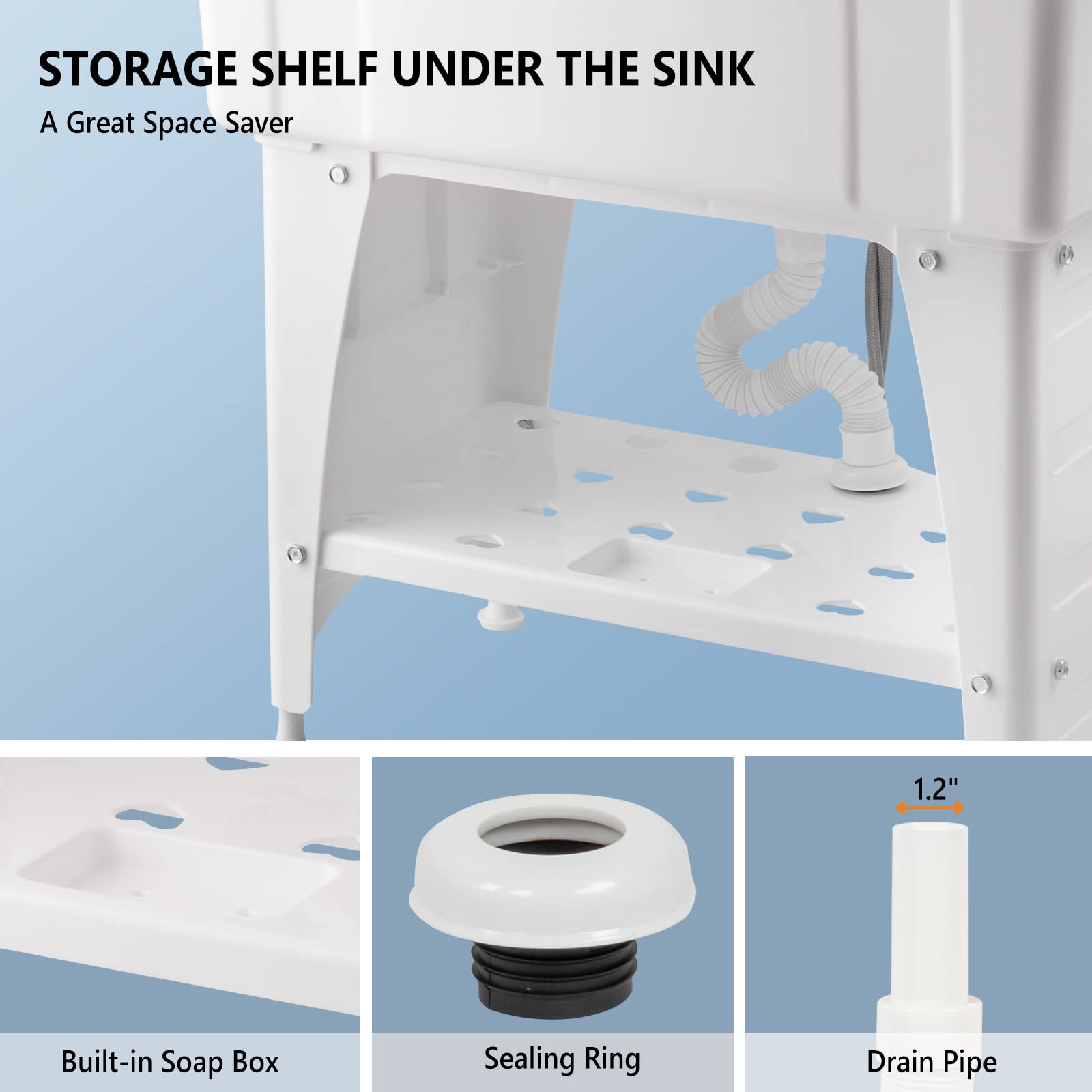 VINGLI Utility Sink Laundry Tub for Washing Room, Freestanding Utility Sink with Stainless Steel Faucet, White, 32.3"W x 22.4" D x43.3"H(Include Faucet)
