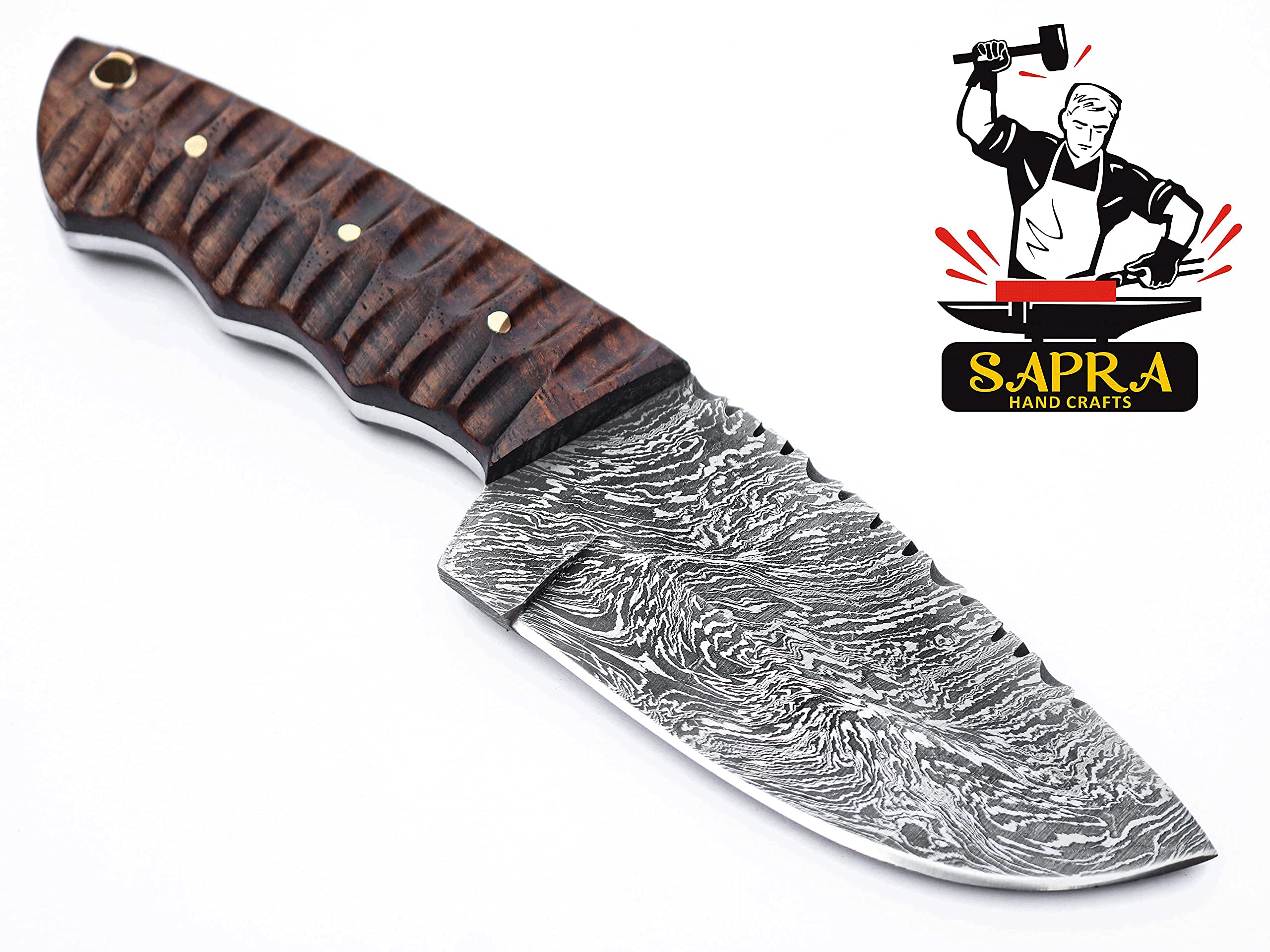 Sapra Custom Made Forged Damascus Steel Hunting Knife Fixed Blade EDC Survival Tactical Camping Skinner/Skinning Knife with Leather Sheath P-1943-RW