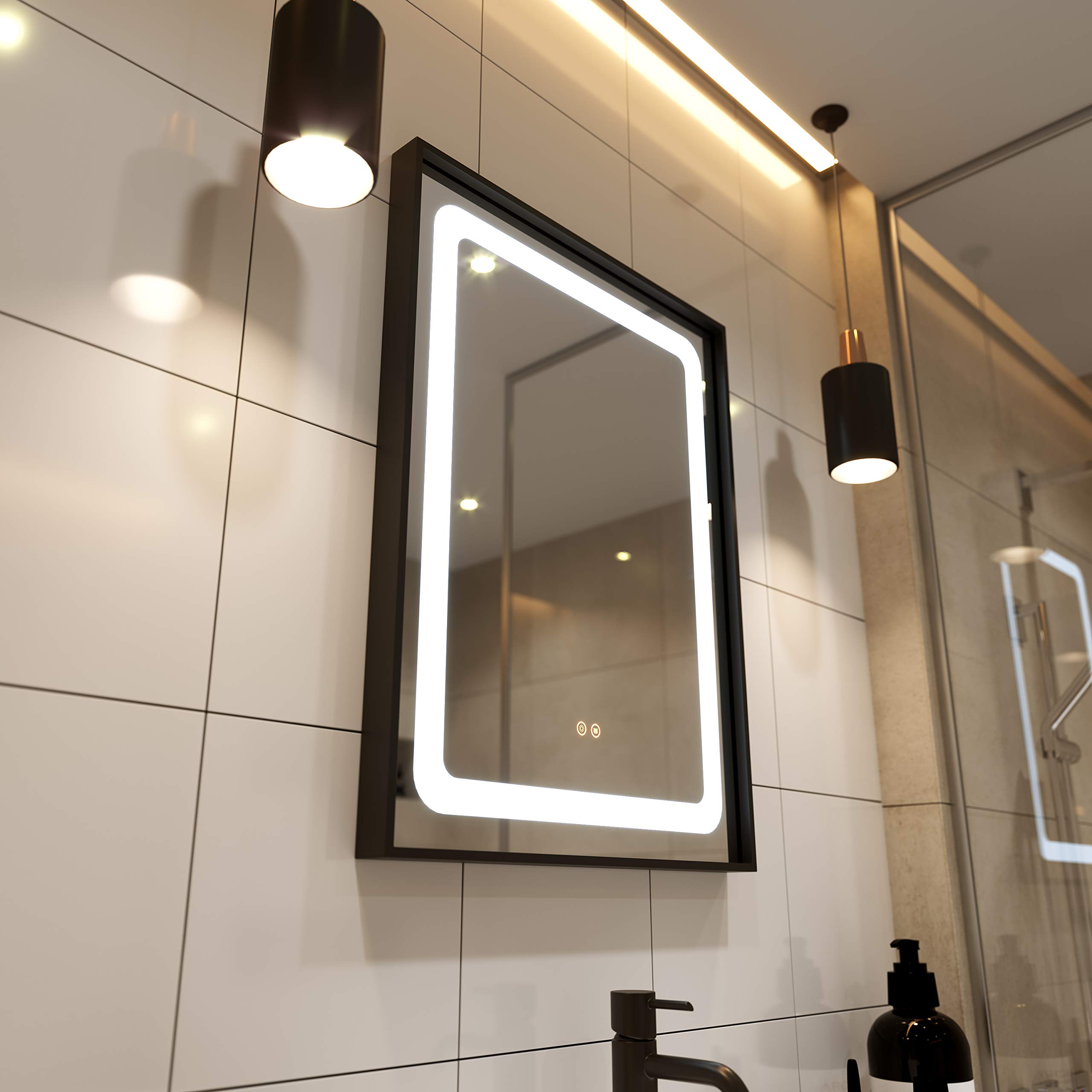 Petus PetusHouse 20 X 28 Inch LED Lighted Bathroom Mirrors, Black Frame Wall Mounted White Light Dimmable Defogger Memory Button Waterproof CRI>90, Vertical