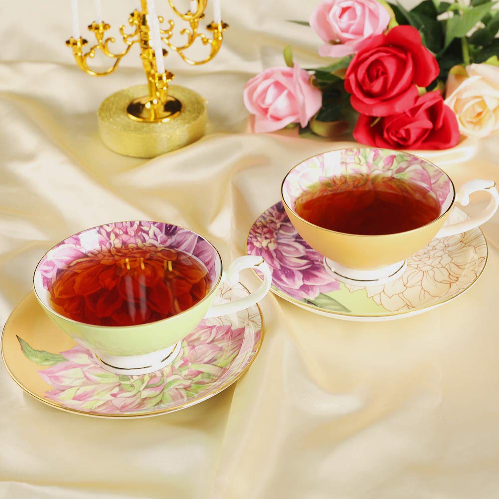 PULCHRITUDIE Fine Bone China Teacup and Saucer Set, English Teasets, Floral Design with Golden Rim, 8oz Cup, Set of Four