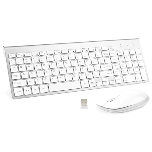 Wireless Keyboard and Mouse, USB Slim Compact Keyboard with Number pad, Ergonomics Quiet Keyboard Mouse for Laptop Computer PC Mac Windows, White Silver