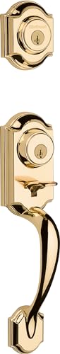 Kwikset Montara Front Door Lock Handle and Deadbolt Set, Entry Handleset Exterior with Interior Door Knob, Polished Brass, Pick Resistant SmartKey Rekey Deadbolt Security