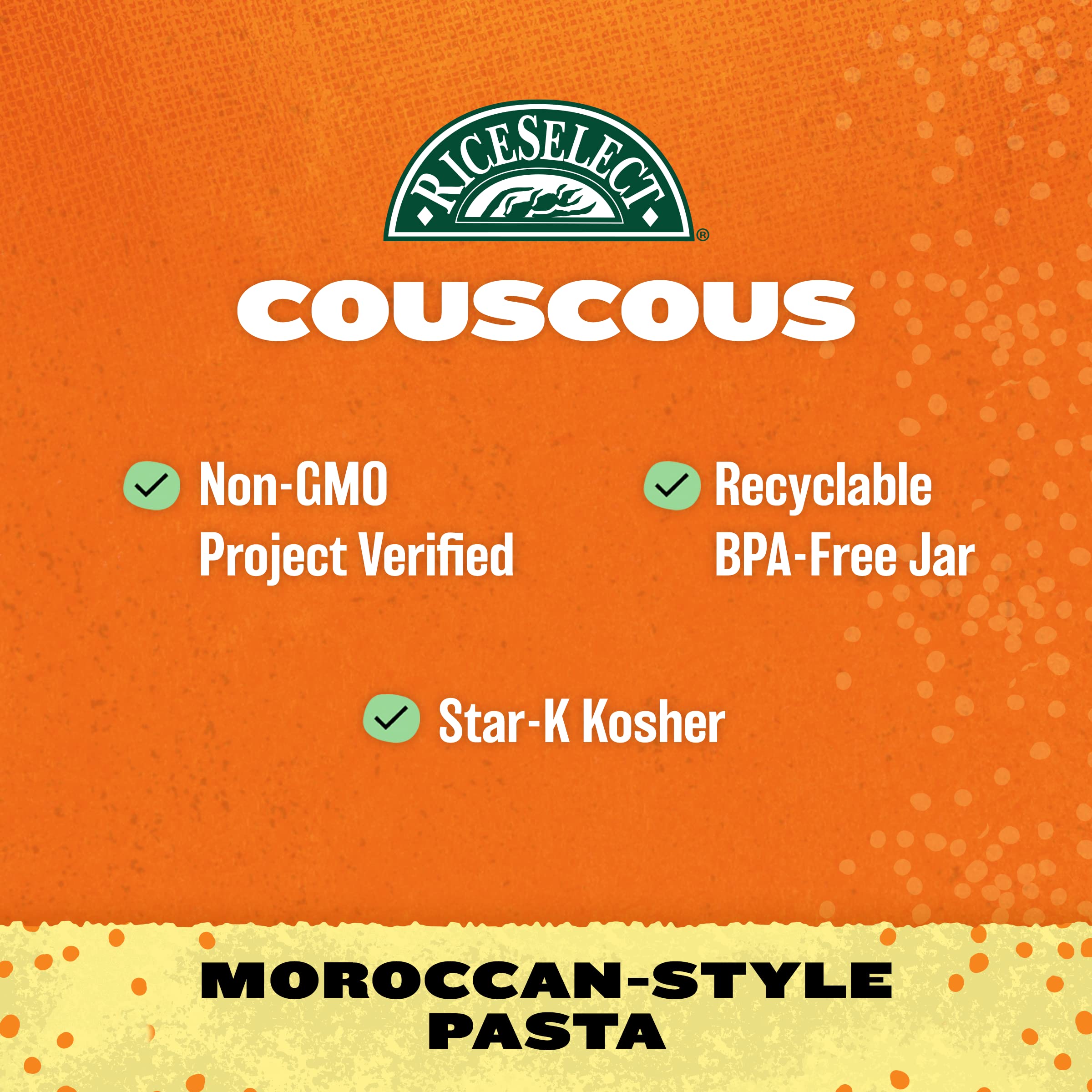 RiceSelect Couscous, Moroccan-Style Wheat Couscous Pasta, Non-GMO, 26.5-Ounce Jar, (Pack of 1)