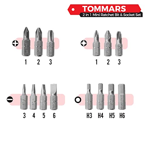 TOMMARS 58-Pc 1/4" Mini Ratchet Wrench Socket & Screwdriver Bits Set, Low Profile, 45 Teeth Gear, S2 and CR-V, 58PCS