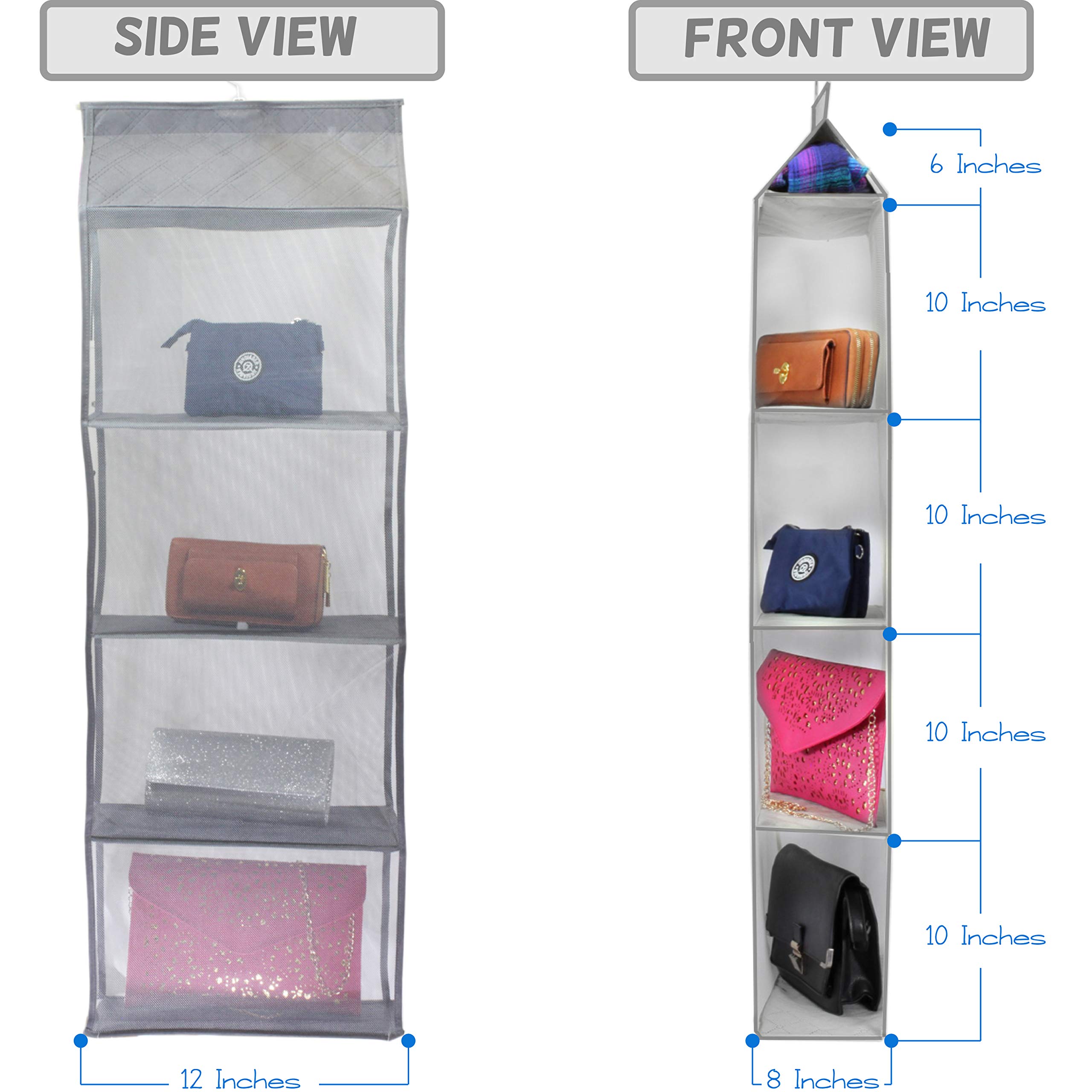 MIGHTY TIDY HOME New and Improved XL Size Hanging Handbag Purse Organizer for Closet | 2 Pack, 10 Shelves Total | Space Saving Hand Bag Storage Holder for Wardrobe Closet (Neutral Tone)