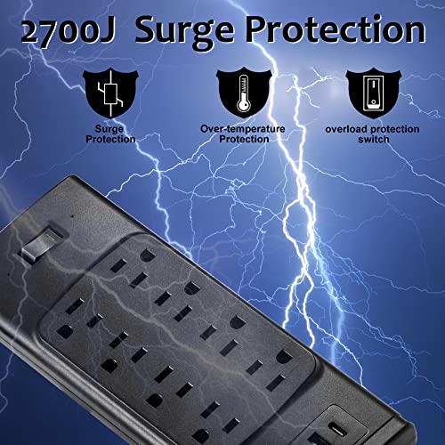 Surge Protector Power Strip 6 ft Flat Plug Power Strip, Multiple Plug Outlet, Outlet with 8 Sockets 4 USBInterface, 1875W, 2700 Joules, Black,Desktop Power Strip