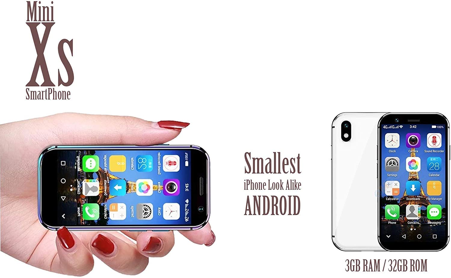 Mini Smartphone XS, World's Smallest 10+ Android Phone 4G LTE, Super Small 2.5" Touch Screen. Global Unlocked - Great for Kids. Pocket Phone Gift. 1GB RAM / 8GB ROM. Tiny iPhone 10s Look Alike