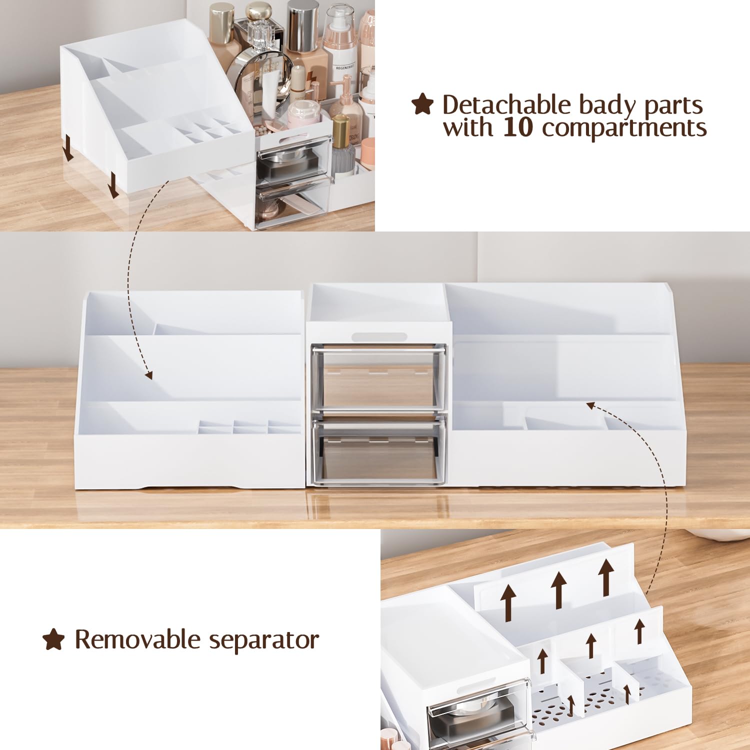 Makeup Organizer, Large Capacity with Drawers for Vanity, Makeup Brush, Nail Polish and Beauty Supplies White/Clear