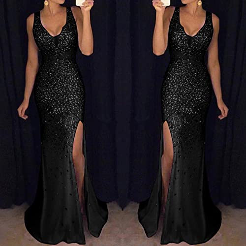 Side Split Mermaid Maxi Dress for Women Solid Color Tank Dress V-Neck High Waist Sequin Evening Dress