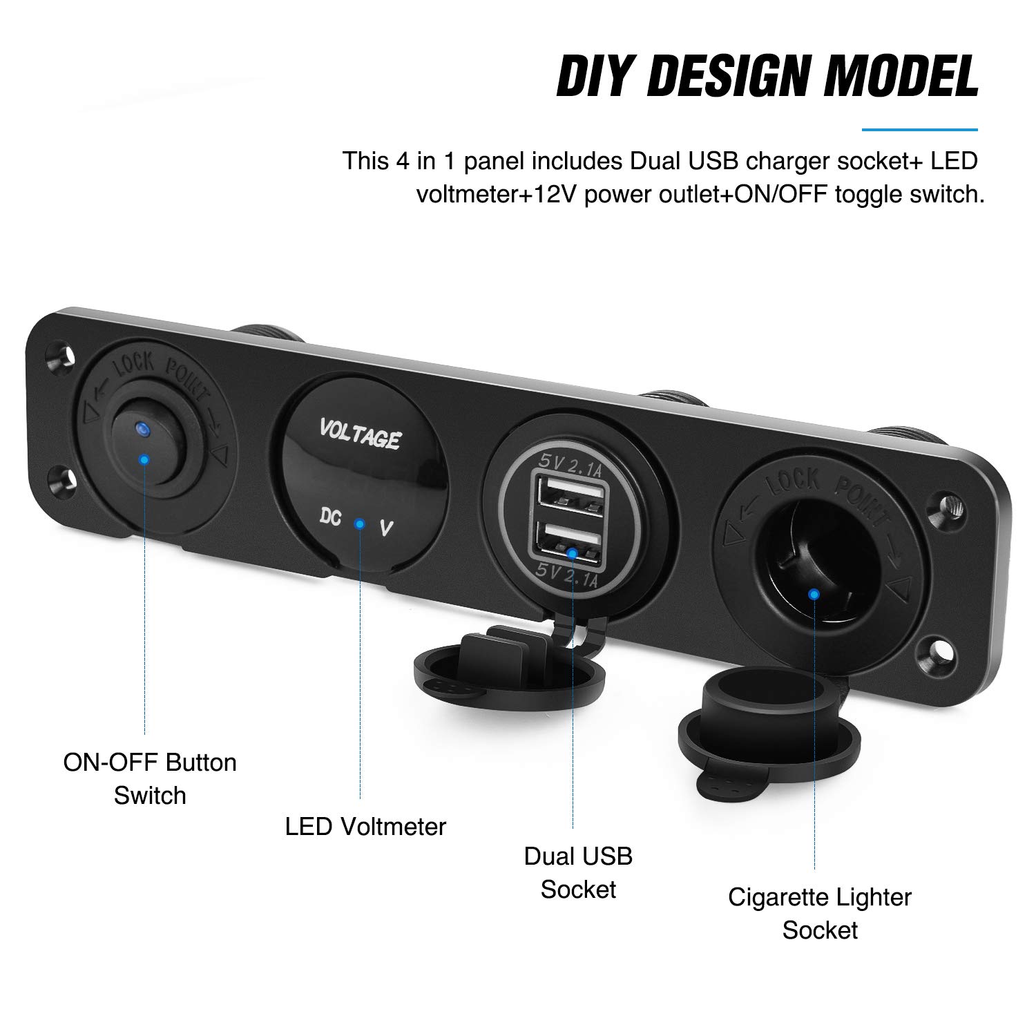 Nilight 4 in 1 ON/OFF Charger Socket Panel Dual USB Socket Power Outlet & LED Voltmeter &Cigarette Lighter Socket& LED Lighted ON Off Rocker Toggle Switch for Truck Car Marine Boats RV,2 Yeas Warranty