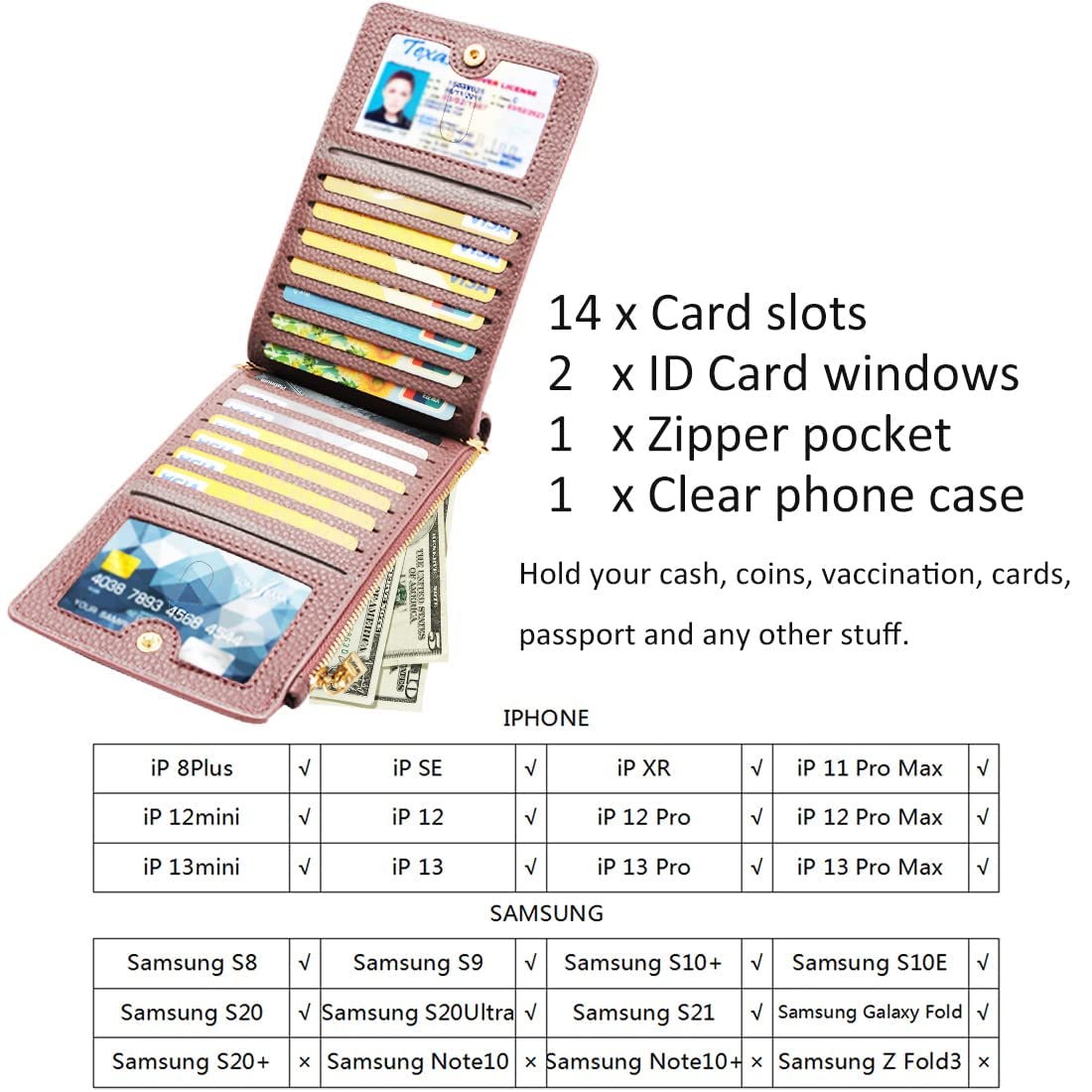 SNUG STAR Multi-purpose Card Holder Wallet-RFID Blocking,Lightweight Zipper Pocket Crossbody Bag with Touch Screen Purse for Most iphone Cell phones (Pink)