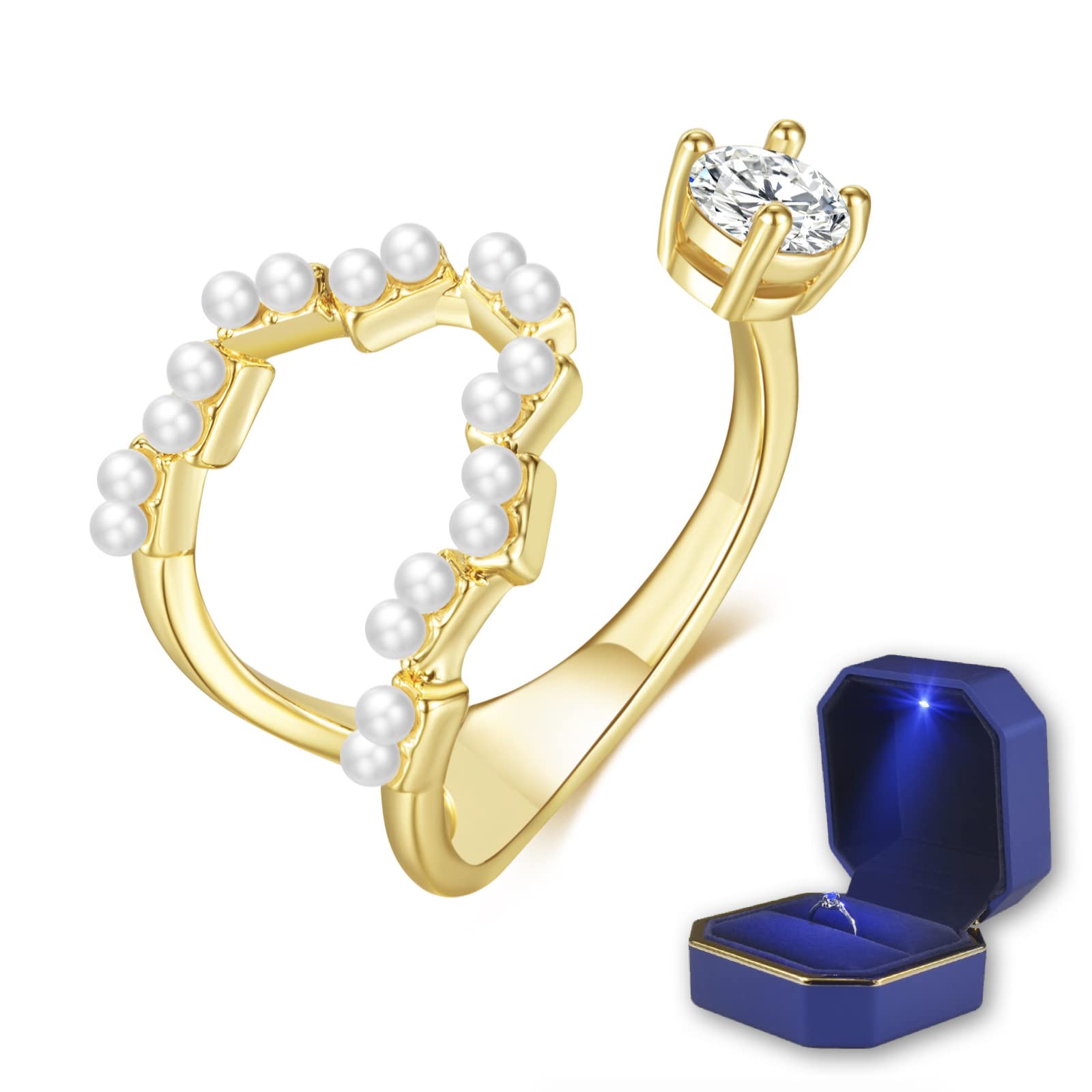 Sifity Open Link Pearl Simulated Diamond Ring for Women 18K Gold Plated 2023 Fashion Trendy Rings Stackable | Anillos Para Mujer (Blue Gift Box with LED Light)