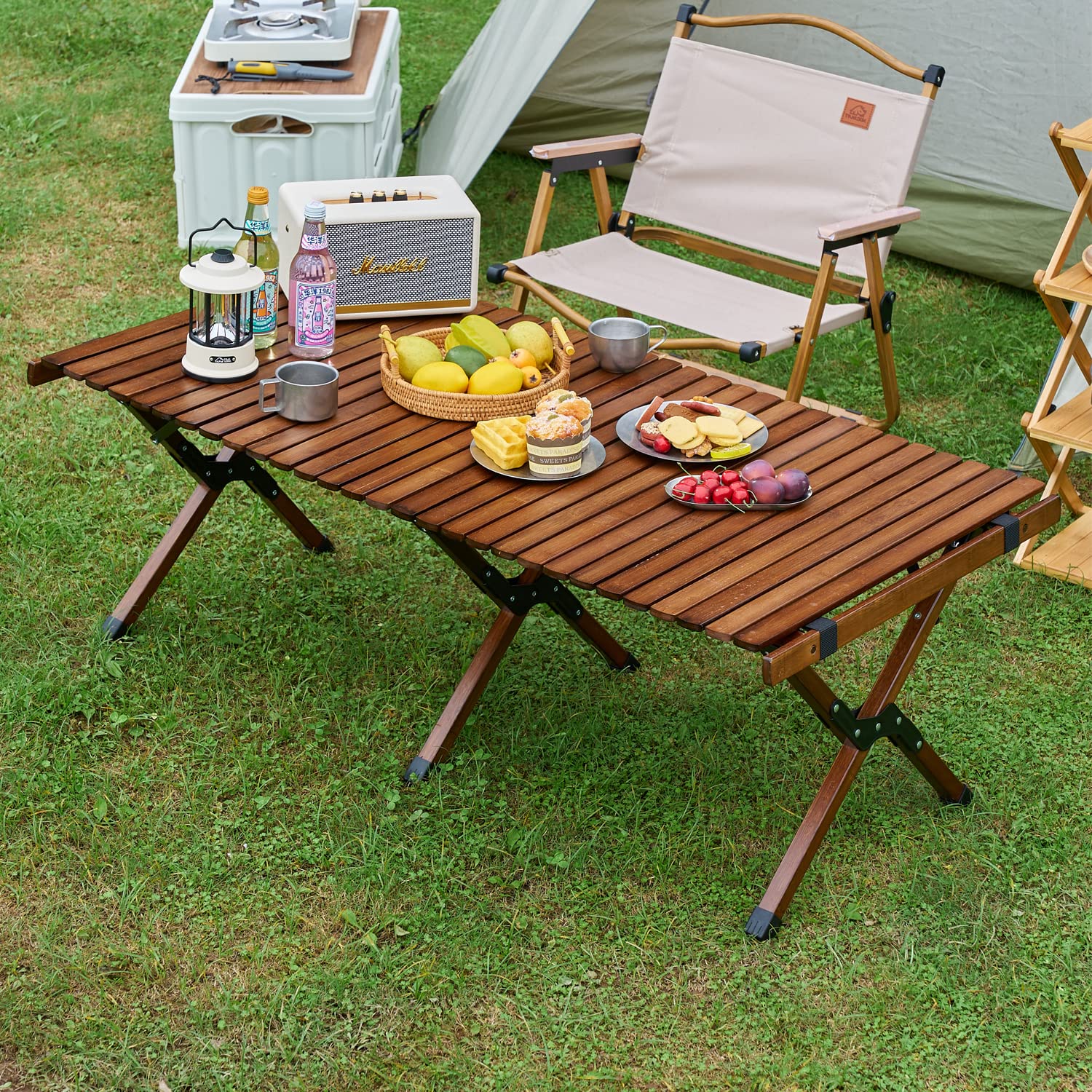 Suwoic Folding Camping Table, Bamboo Portable Outdoor Table, All-Purpose Cake Roll Bamboo Table in a Bag for Picnic, Camping, Travel, Beach, Tailgating, Patio, Garden BBQ