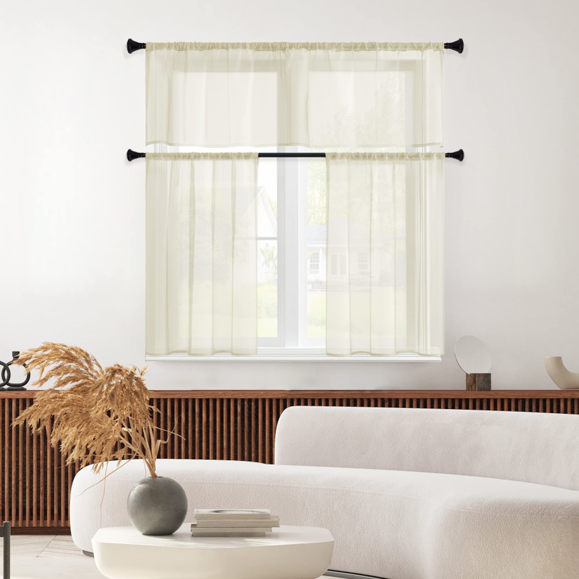 MRTREES Beige Sheer Curtains 34 x 36 inch Length Kitchen Tier Short Curtains Light Filtering Rod Pocket Voile Cafe Curtains for Kitchen Bathroom Small Half Window 2 Panels