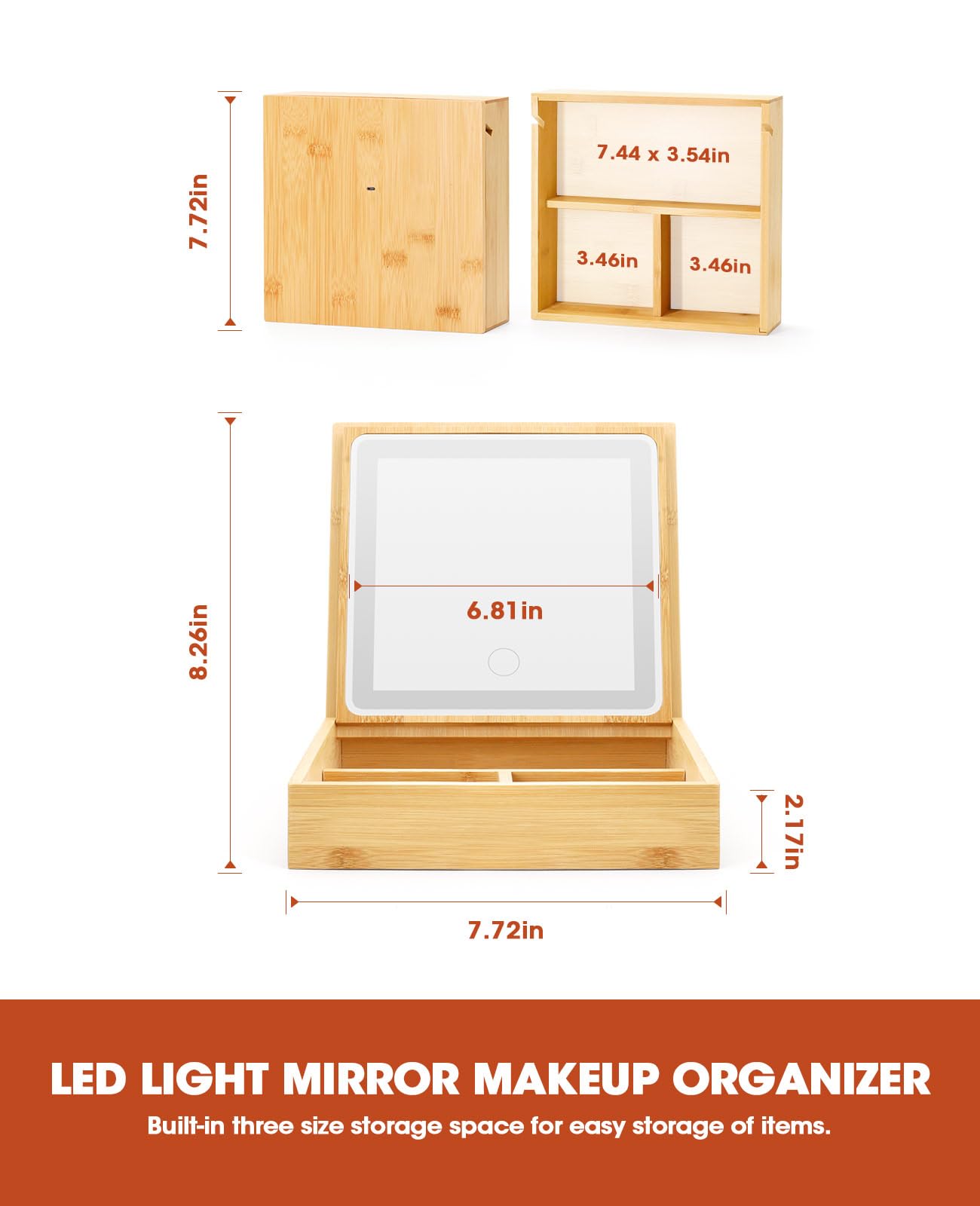 Onism Bamboo Makeup Organizer with LED Light Mirror, Cosmetic Organizer Storage for Store Cosmetics, Makeup Brushes, Jewelry, Hair Accessories, Perfect for Bathroom, Bedroom, Vanity