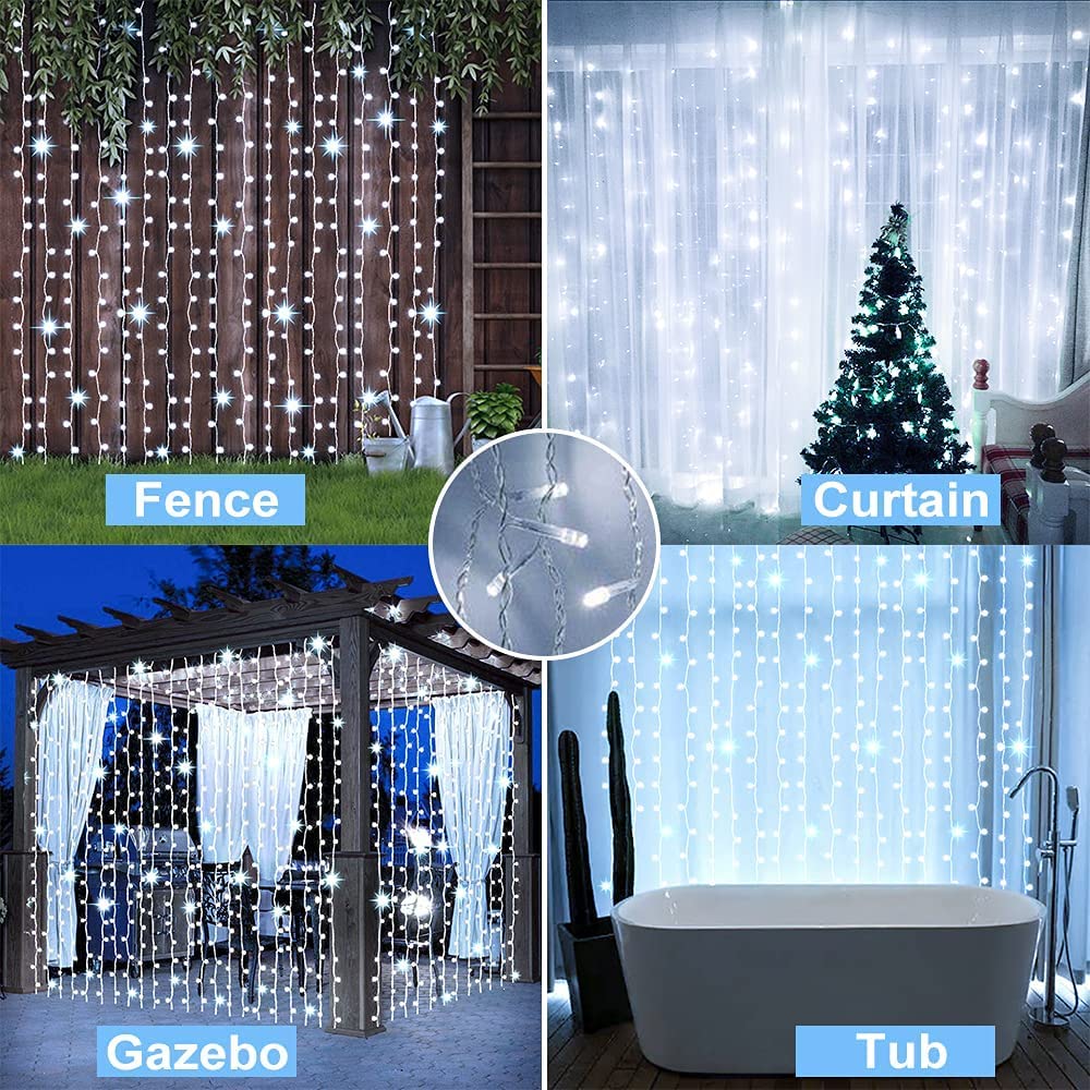Solar Curtain Lights Outdoor Garden 300 LED Fairy String Lights 8 Modes Remote Control Waterproof Solar Waterfall Lights for Gazebo Patio Party Home Festival Wedding Wall Christmas Decorations(White)