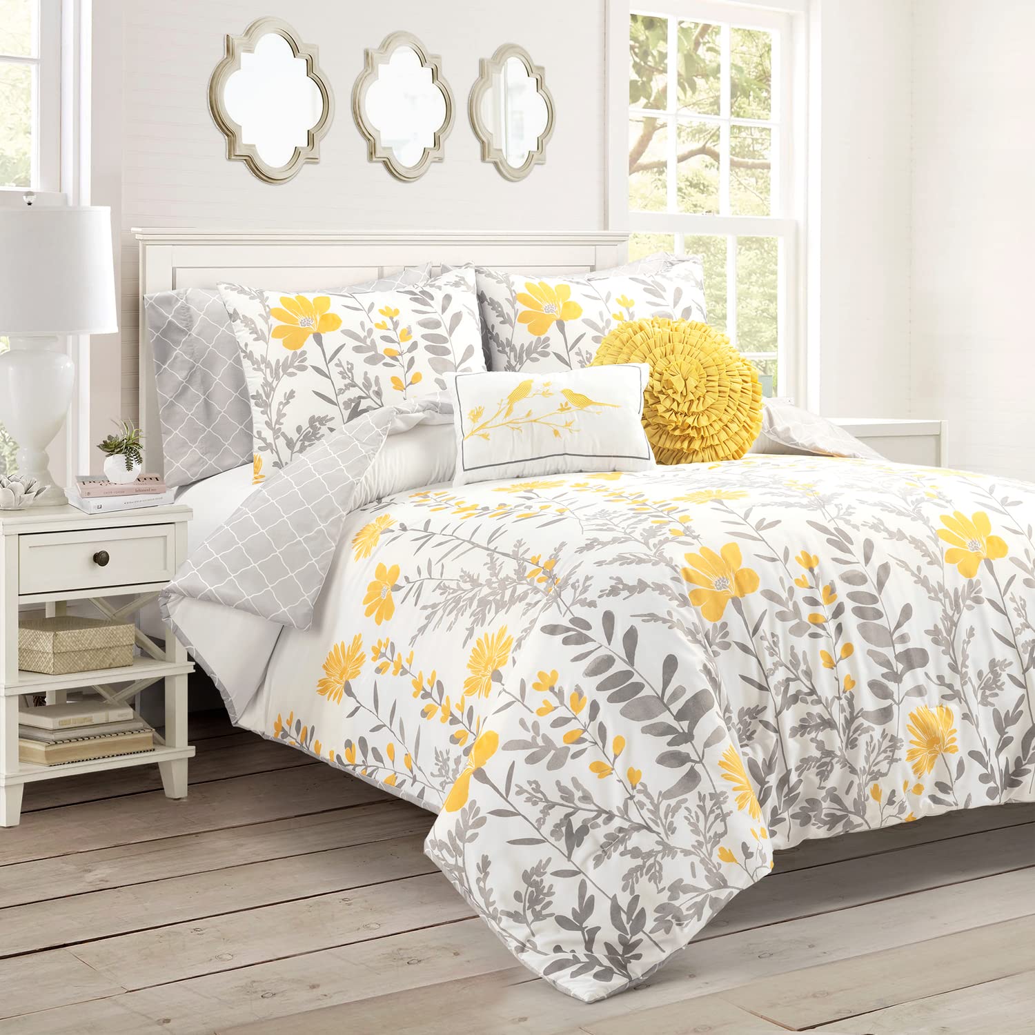 Lush Decor Aprile Soft Reversible Floral Comforter Set, 8 Piece Set, King, Yellow & Gray- Beautiful King Bedding Sets - Yellow Comforter - Spring Decor - Cottage & Farmhouse Bedroom Decor