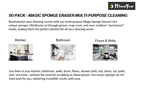 MinnYaso Magic Sponge Cleaning Eraser 3.94" x 2.36" x 0.79" | Multi-Purpose Household Cleaning | Magic Sponge Cleaning Eraser for Kitchen, Bathroom, Sink, Doors, Floors, Baseboard, Walls | 50 Pack
