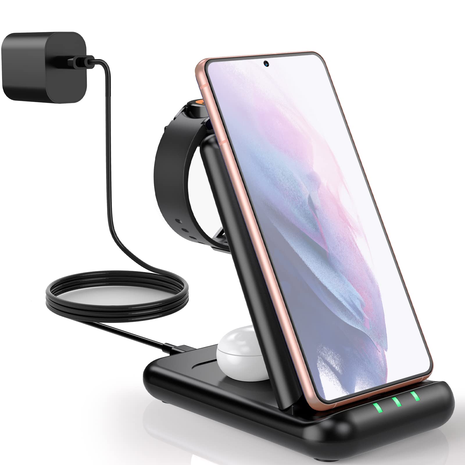 Wireless Charging Station for Samsung, 3 in 1 Wireless Charger for Galaxy Watch 5/5 pro/4/3, Samsung Galaxy S23/S22/S21/Note 20 GalaxyZ Flip 3/Z Fold 4/3, Foldable Charging Stand for Galaxy Buds+/Live