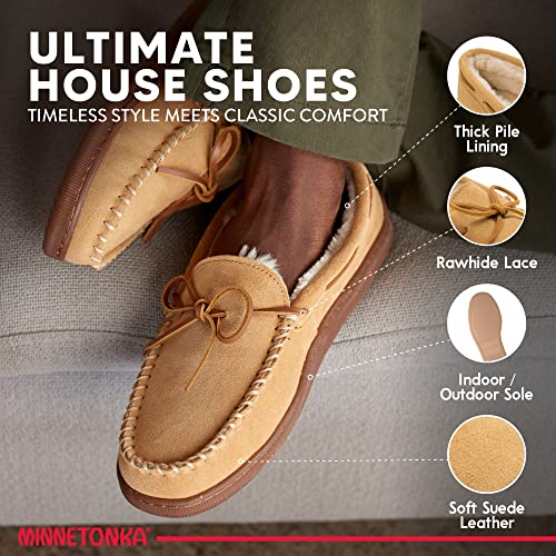 Minnetonka Mens Pile Lined Moccasin Slipper with Hard Soles Brown, 11.5