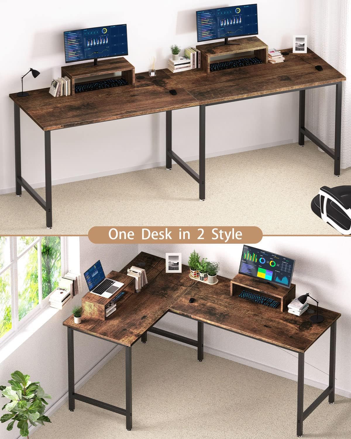 MINOSYS L Shaped Computer Desk - 58" Gaming Desk, Reversible Corner Desk, Home Office Writing Desk with Monitor Stand Shelf, Space-Saving Modern Simple Wooden Desk, Rustic Brown