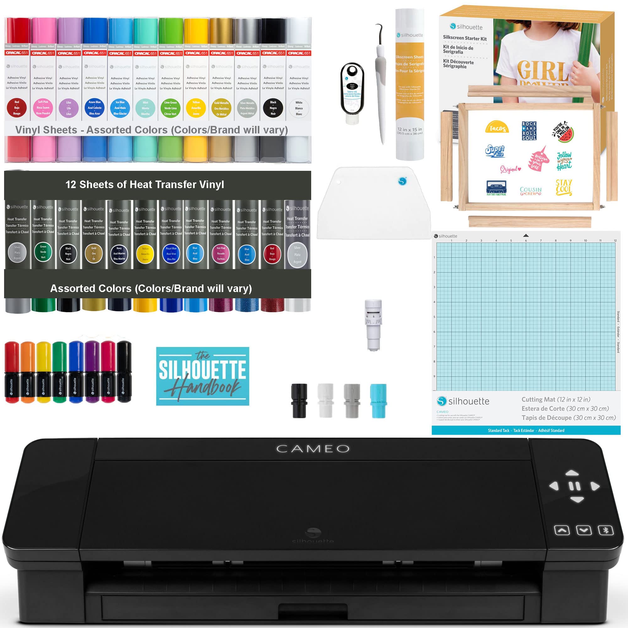 Silhouette Cameo 4 Silkscreen and Vinyl Bundle with Silkscreen Starter Set, 12 Pack of HTV, 12 Pack of Vinyl, and Pen Starter Kit- White Edition