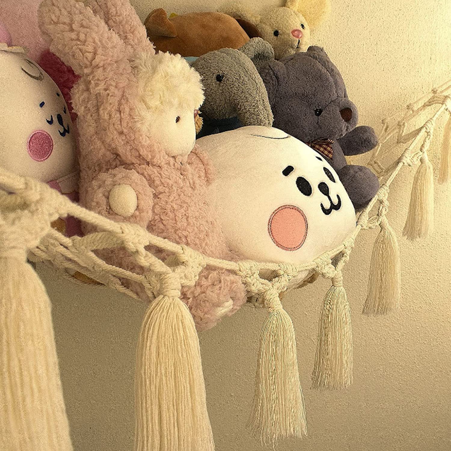 Wonlimaye Stuffed Animal Hammock Toy Storage with LED Light,Corner Stuffed Animal Net with Tassels,Children's bedroom playroom hanging toy storage net (White)