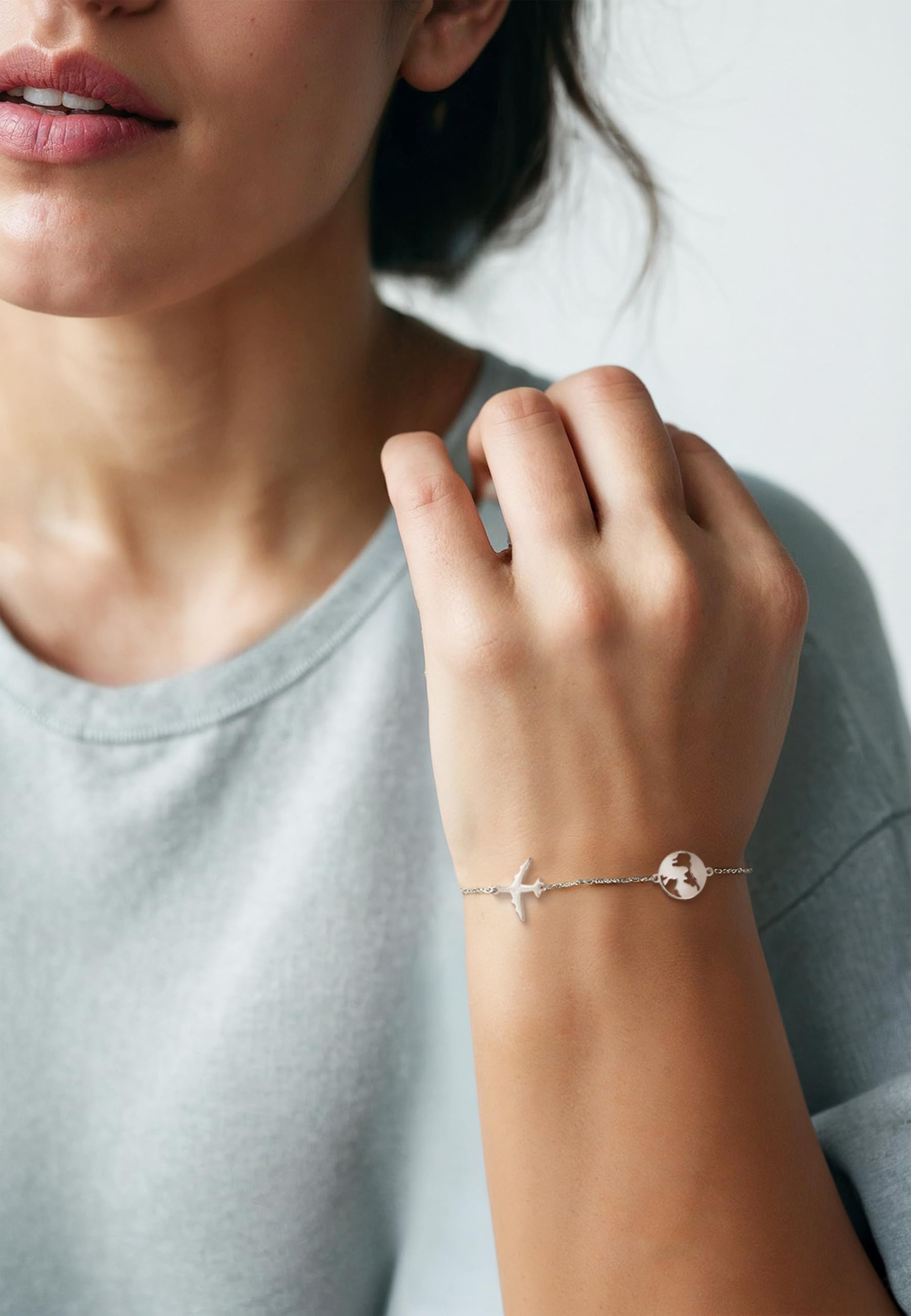 Sofia Milani - Solid 925 Sterling Silver Bracelet for Women - World Map Airplane Pendant - B0291
