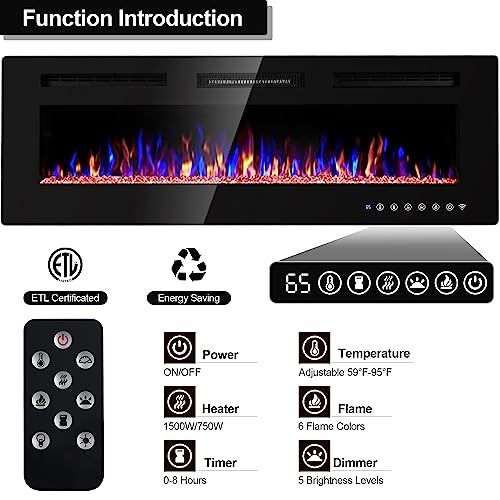 MEPTY 60" Electric Fireplace, Recessed and Wall Mounted Fireplace Insert, Fireplace Heater and Linear Fireplace with Remote Control, Timer, Adjustable Flame Color & Speed, Log Set & Crystal, Black