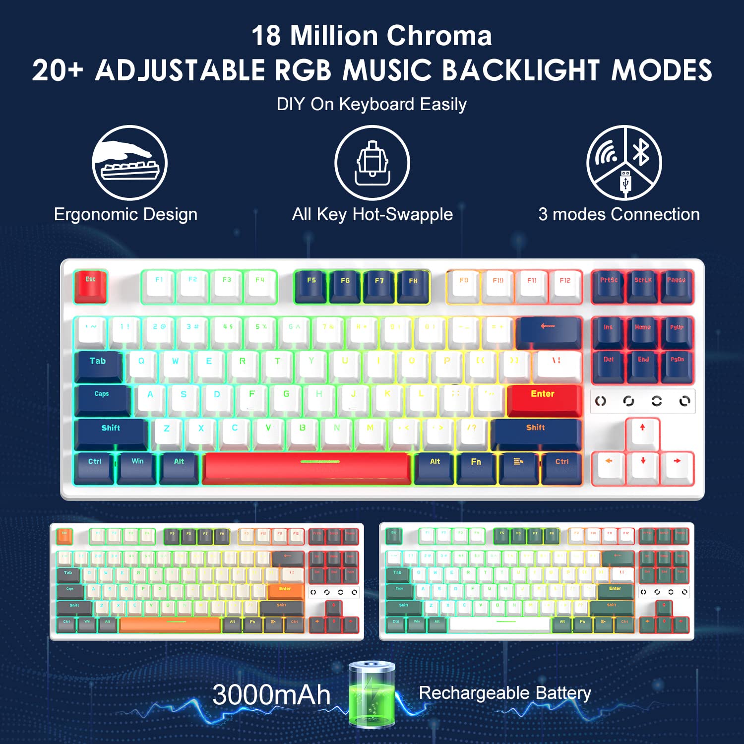 Wireless Gaming Keyboard and Custom Coiled USB C Cable,Triple Mode 2.4GHz/BT 5.0/USB-C,TKL Hot Swappable Mechanical Keyboard Yellow Switches,Rechargeable 3000mAh for PC PS5 PS4 Xbox-2 in 1 Kit