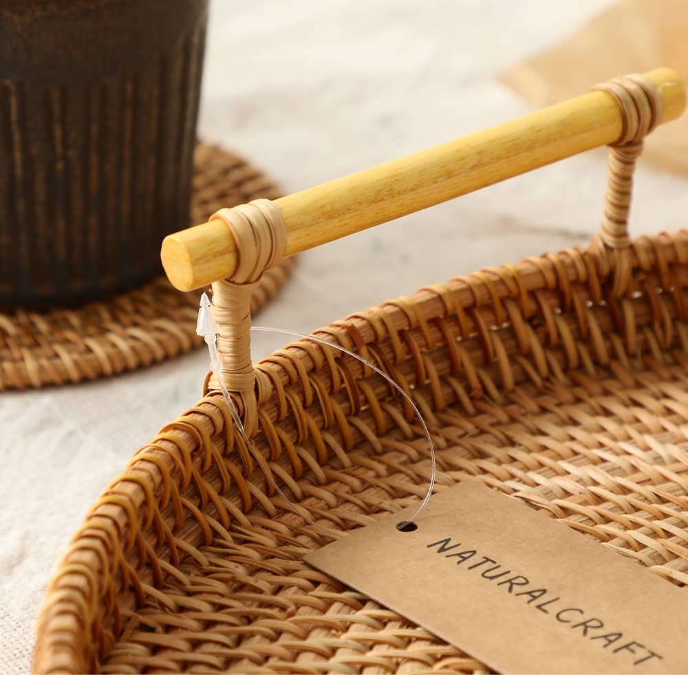 Round Rattan Coffee Table Tray with Handles - Woven Basket Food Decorative Tray ,Handmade Rattan Serving Tray with Handles ,Adorable Natural Bamboo Tray for Ottoman Coffee Table (Large/11 inch)