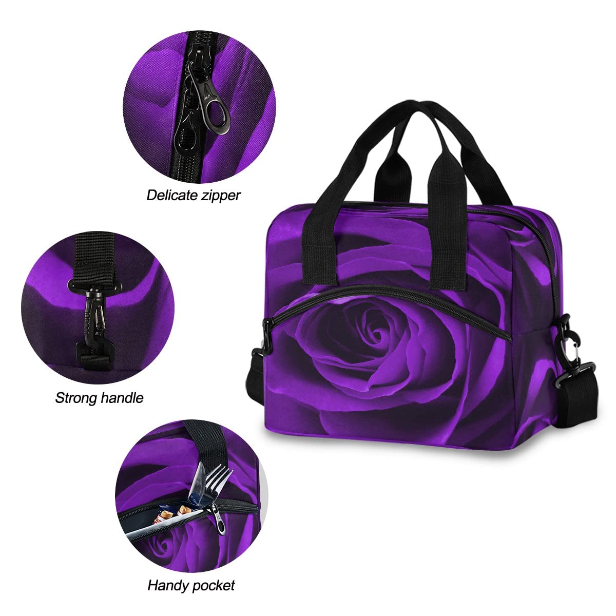 Purple Rose Reusable Insulated Lunch Bag Lunch Tote Bag for Women Men, Floral Flower Cooler Bag Lunch Box Container with Adjustable Shoulder Strap for Picnic School Work Office