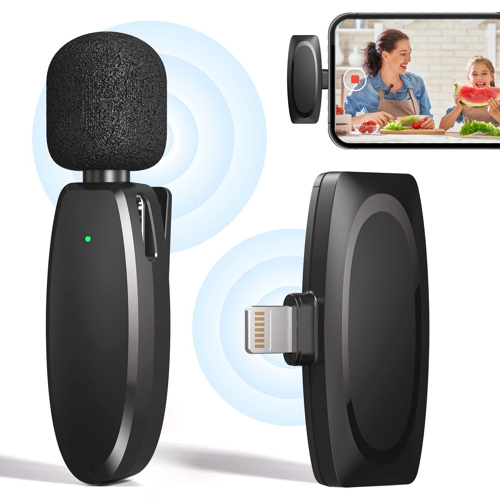 Wireless Lavalier Microphone for iPhone iPad Plug&Play Auto-sync Noise Reduction Lapel Mic Professional Video Recording Clip-on Lav Mic for Live Stream YouTube TikTok Facebook Interview (ONE CLIP)